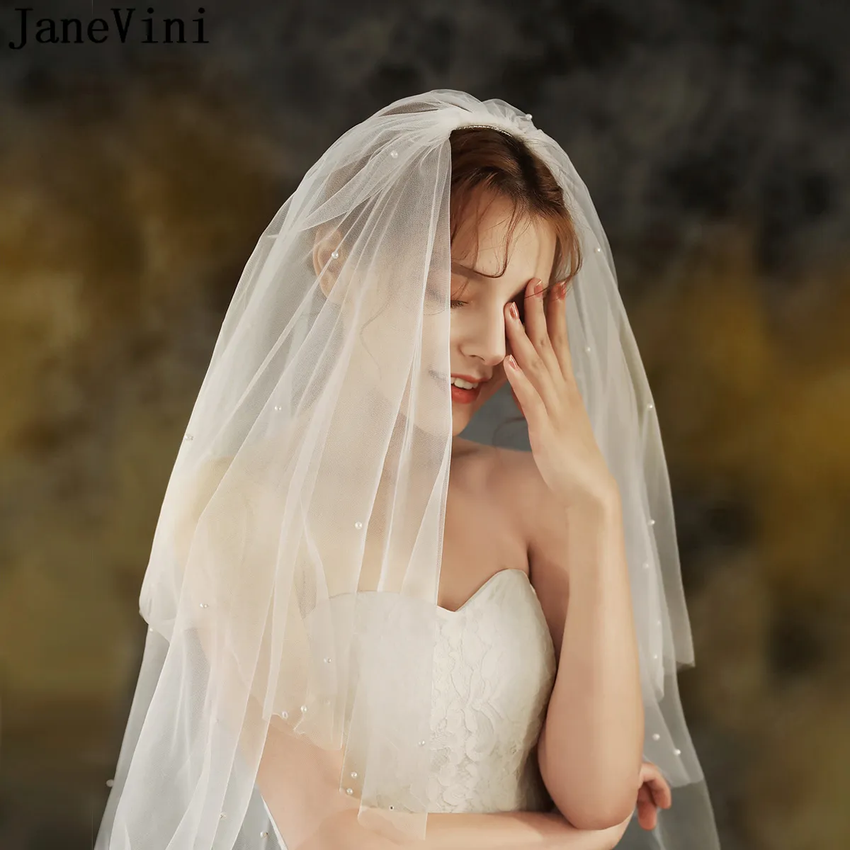 JaneVini Elegant Pearl 2-Tier Wedding Veils with Comb White/Ivory Sheer ...