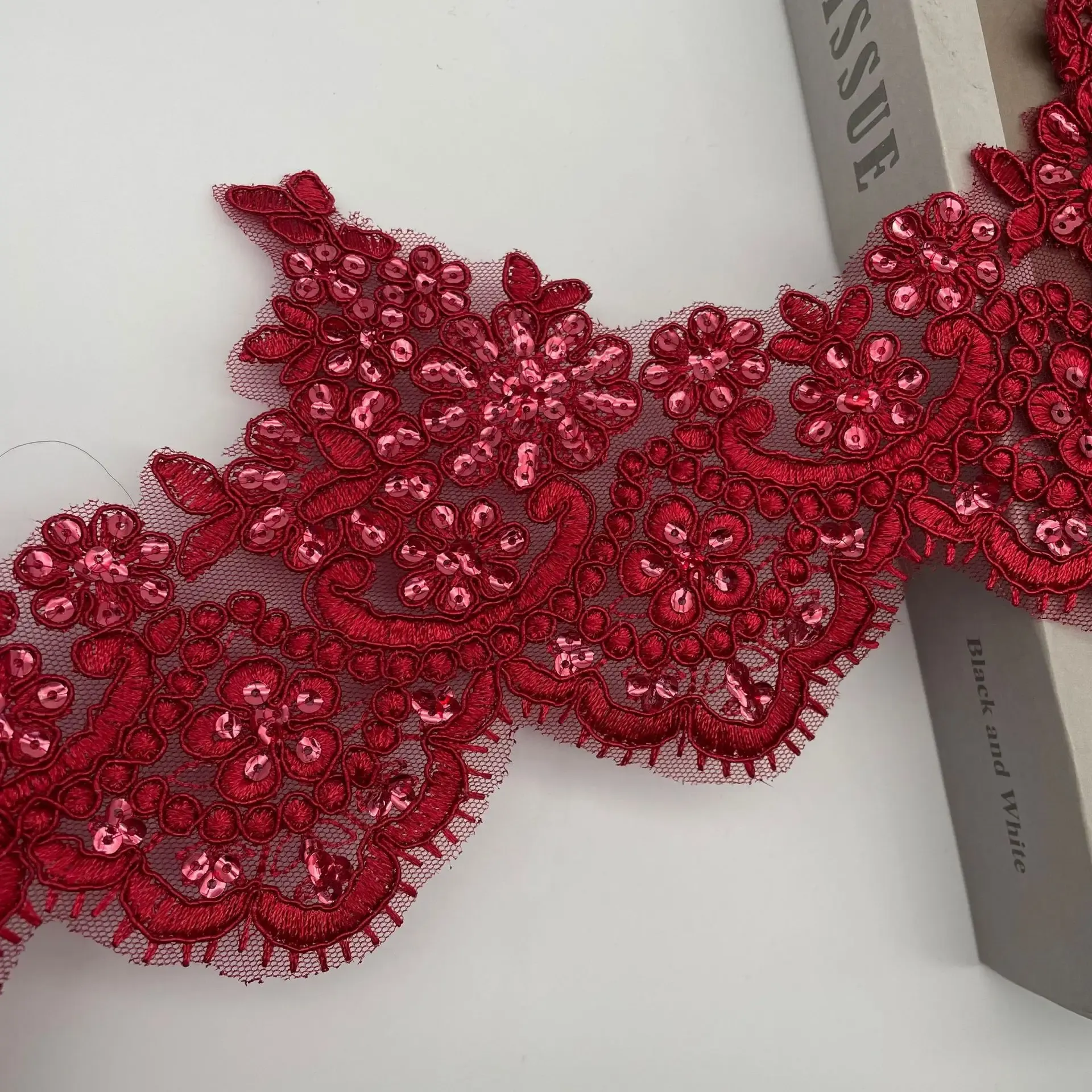 Sequin Appliques Venice Lace Trim, Gray Red Green Cording Fabric ...