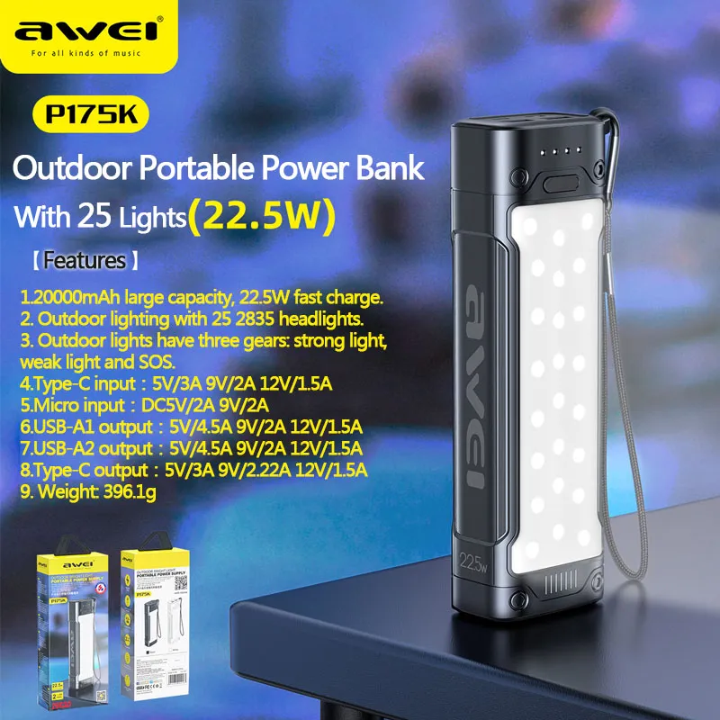 Awei 20000mAh Power Bank with 25 LED Lights, PD 22.5W Fast Charging ...
