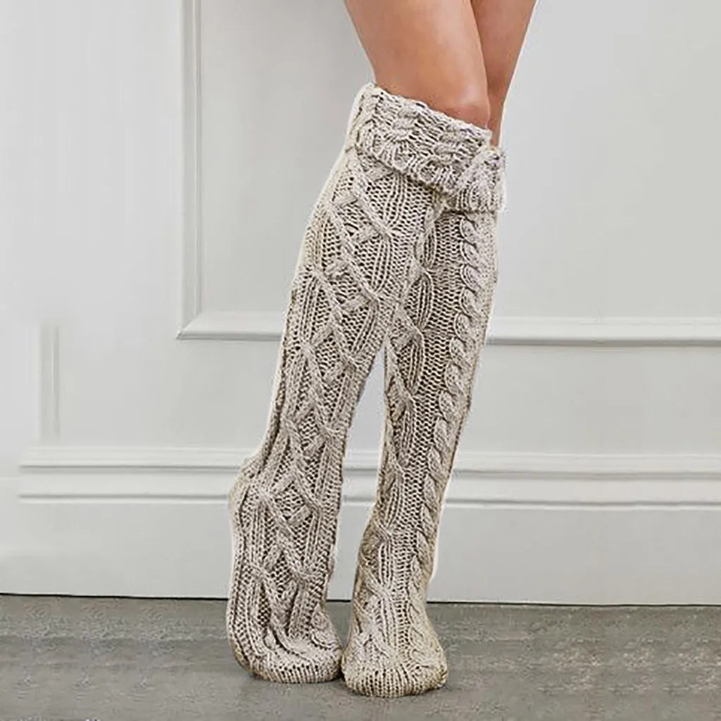 Harajuku Women Girls Thigh High Knitted Wool Stockings Winter Warm Over ...