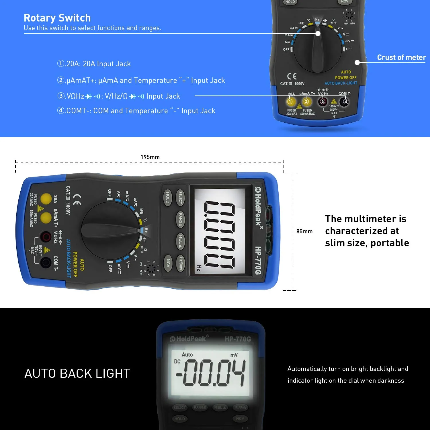 AC/DC Digital Multimeter HOLDPEAK 770G - Auto-Ranging DMM Electrical ...