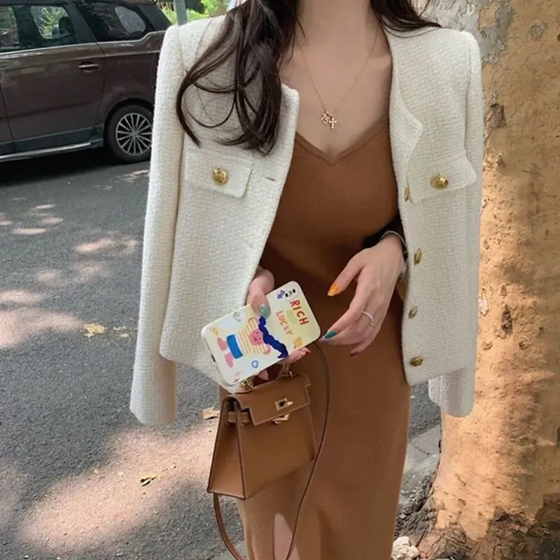 QWEEK Korean Tweed Jacket for Women - Single-Breasted Woolen Coat ...