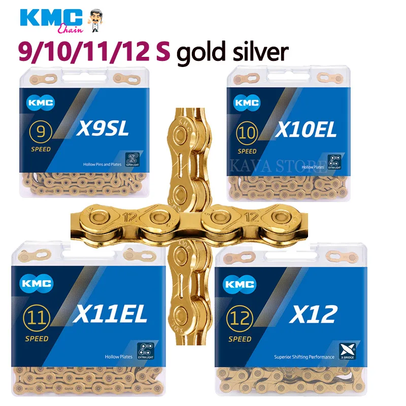 DHgate.com:KMC X9 X10 X11 X12 Chain EL SL Bicycle Chains Gold/Silver 9 ...