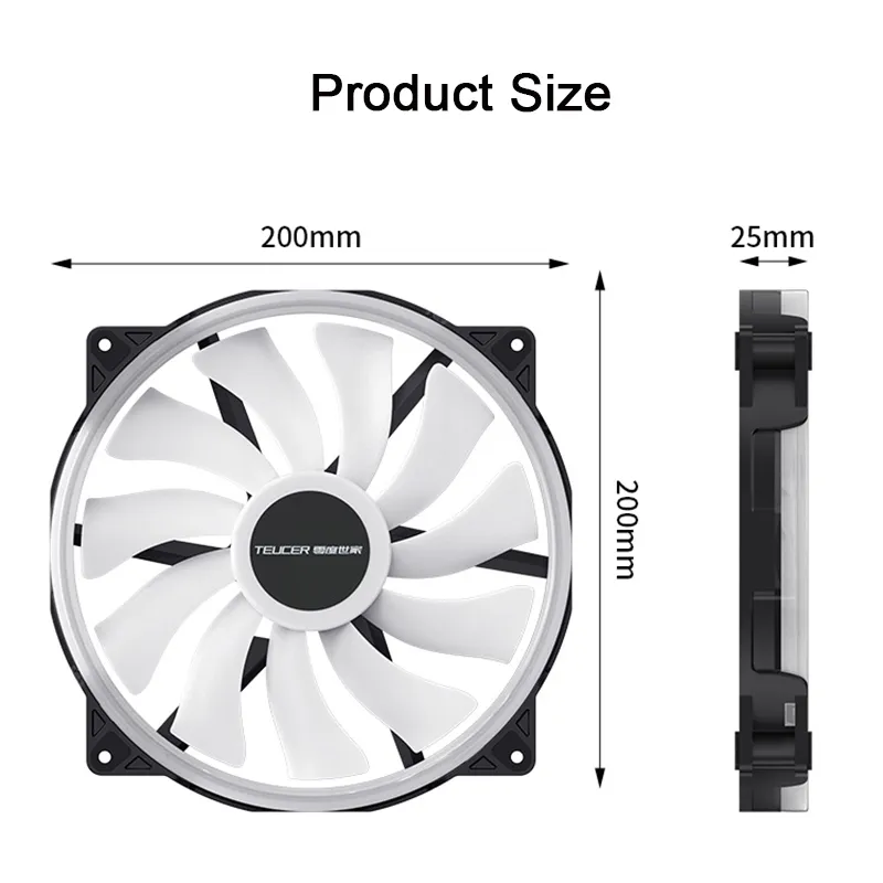 TEUCER FD200 5V 3PIN ARGB 200mm Silent PC Computer Case Fan, PWM ...