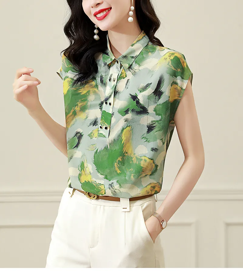 100% Real Silk Women27s Printed Loose Fit Short Sleeve Blouse for ...