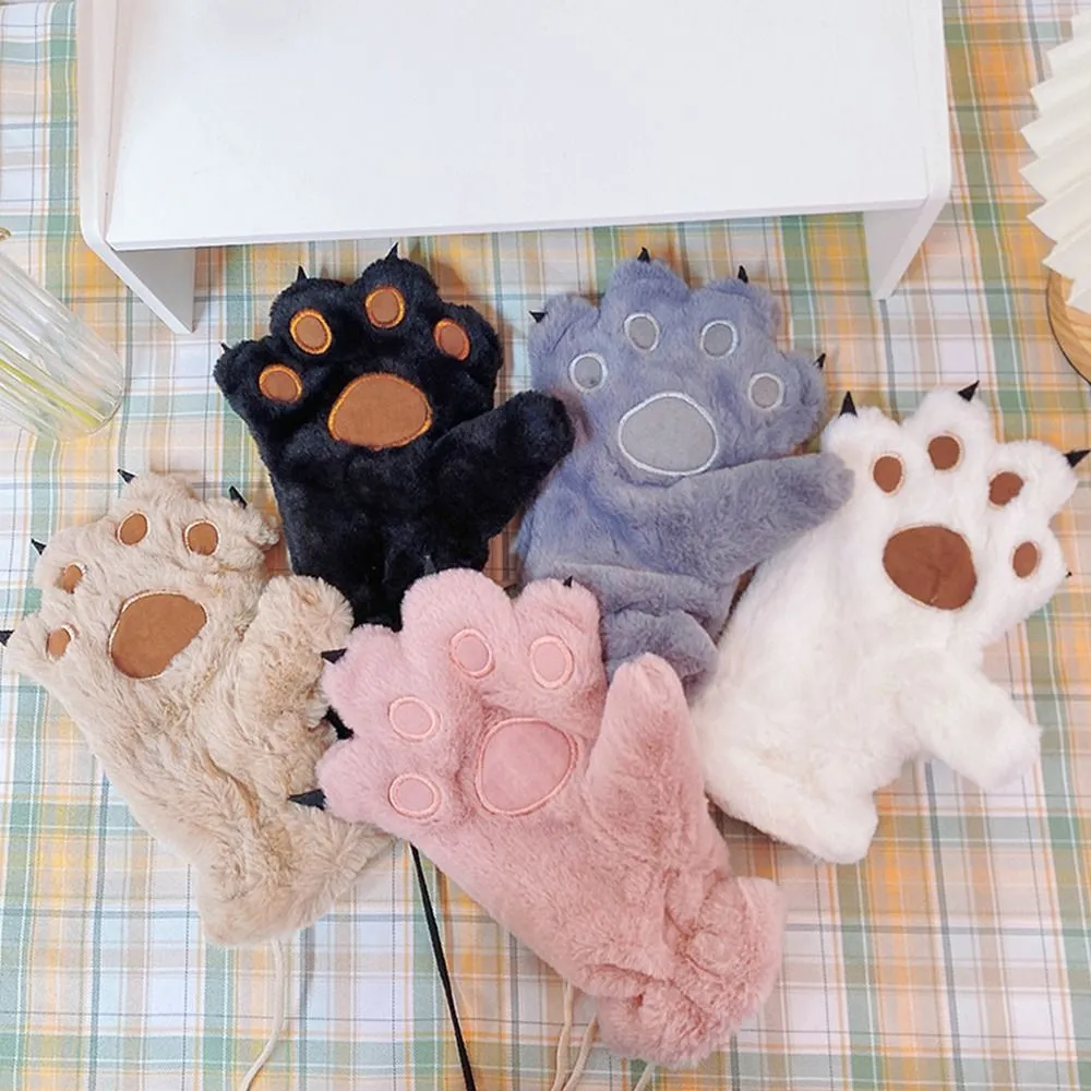 Cute Bear Paw Plush Gloves Soft Thicken Outdoor Mittens For Women Warm ...