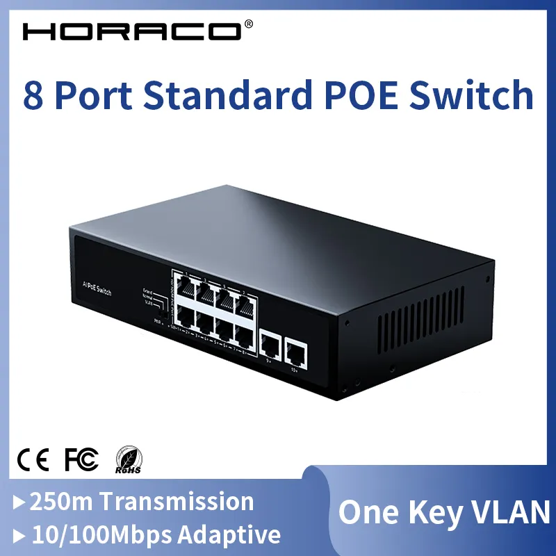 HORACO 8-Port 100M Plug-and-Play PoE Switch with VLAN, IEEE 802.3af/at ...