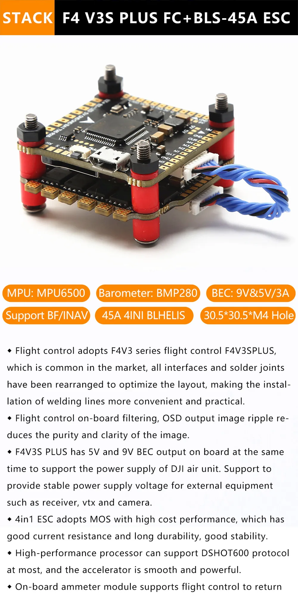 F4 V3S PLUS Flight Controller & 4in1 ESC Stack For RC Drone, BLS 45A/60A, BetaFlight/INAV ...