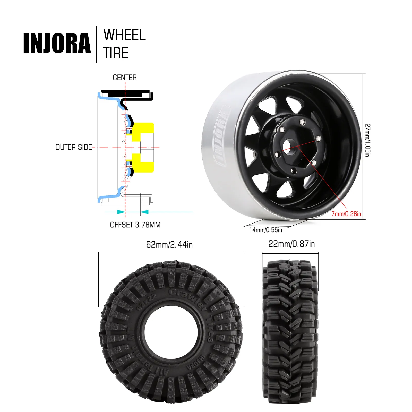 1/18 1/24 RC Crawler Wheel & Tire Set with Beadlock Rims for Axial ...