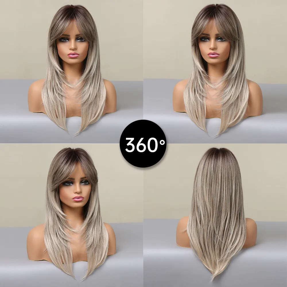 Ombre Brown Blonde Synthetic Layered Straight Ash Gray Wig with Bangs ...
