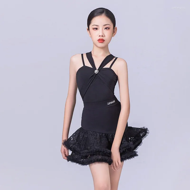 Girls Latin Dance Competition Dress Black Sleeveless Practice ChaCha ...
