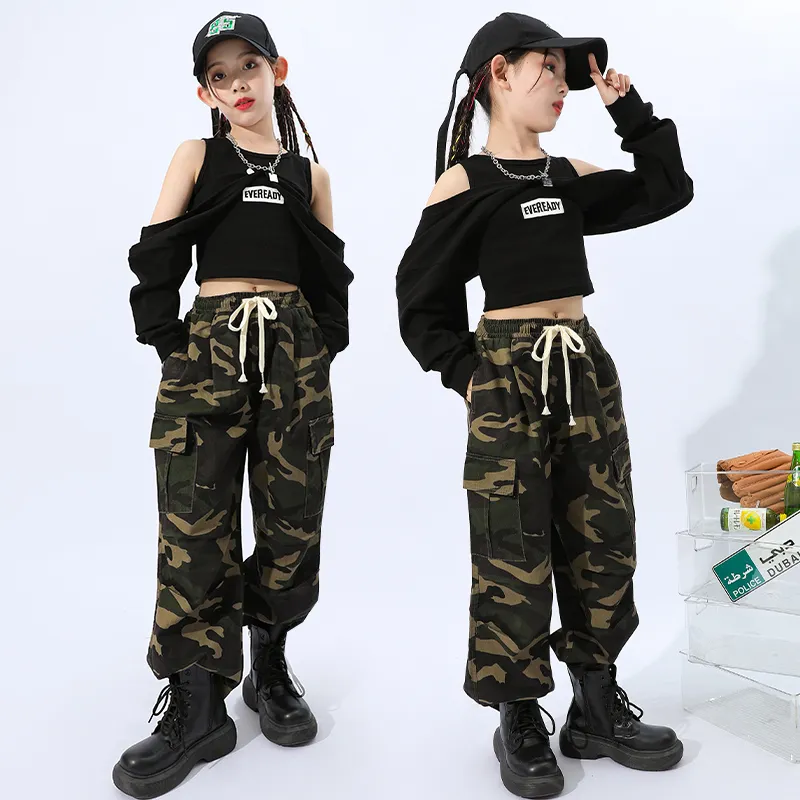 Kids Hip Hop Dance Outfit - Off Shoulder Sweatshirt Tank Top & Camo ...