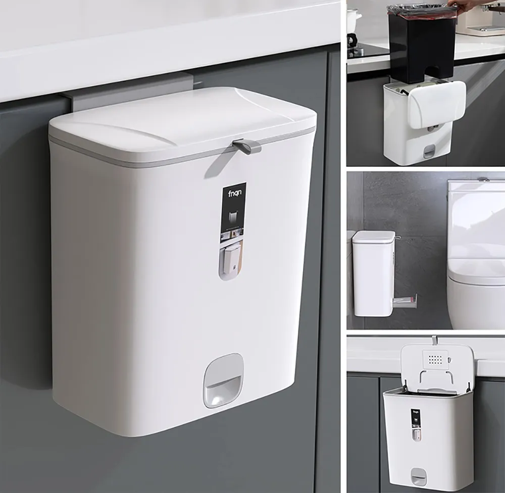 Wall Mounted Kitchen Trash Can with Lid, 10L Garbage Bucket, Waste Bin ...