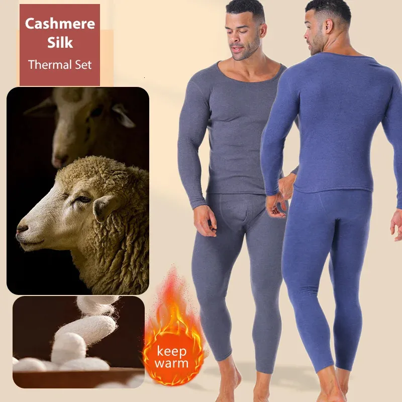 Premium Cashmere Silk Blend Thermal Underwear Set - Mens Fleece Lined ...