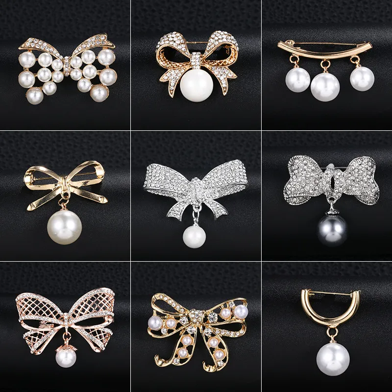 Vintage Pearl Bowknot Rhinestone Brooch Pins for Women Hijab Jewelry ...