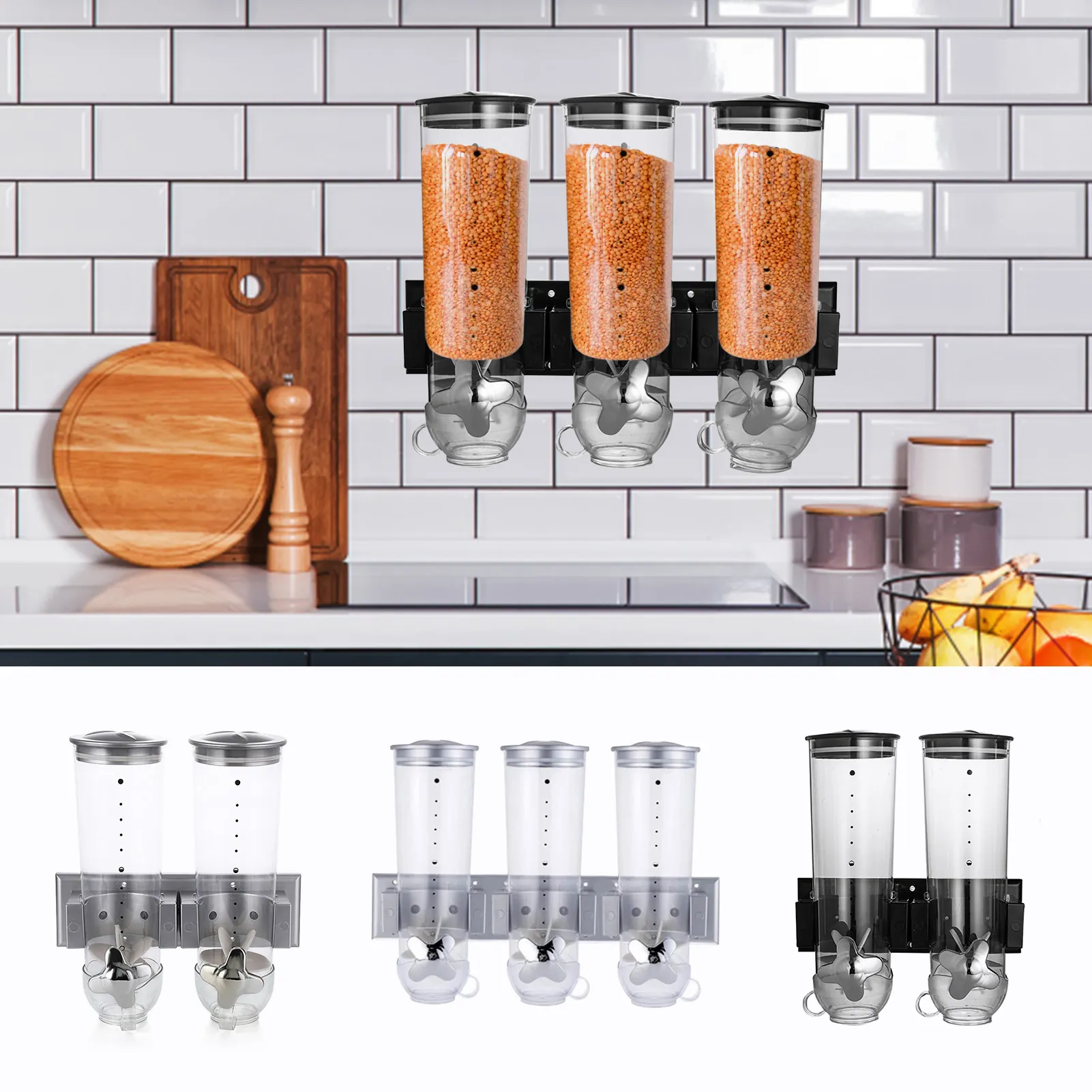 Triple Grid Wall Mount Dry Goods Dispenser - Airtight Kitchen Cereal ...