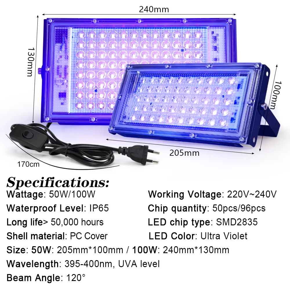UV Flood Light 50W 100W AC220V 395nm 400nm Ultraviolet Floodlight With EU Plug Black Housing ...