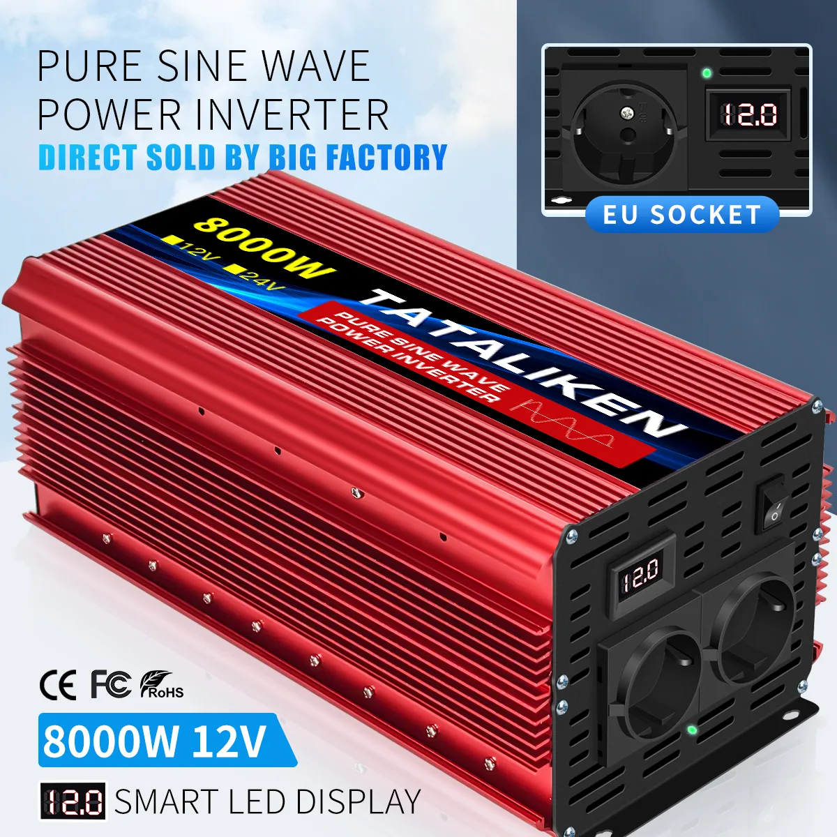 TATALIKEN Pure Sine Wave Inverter DC 12V/24V to AC 220V EU Socket 1600W 2500W 3500W 4500W LED ...