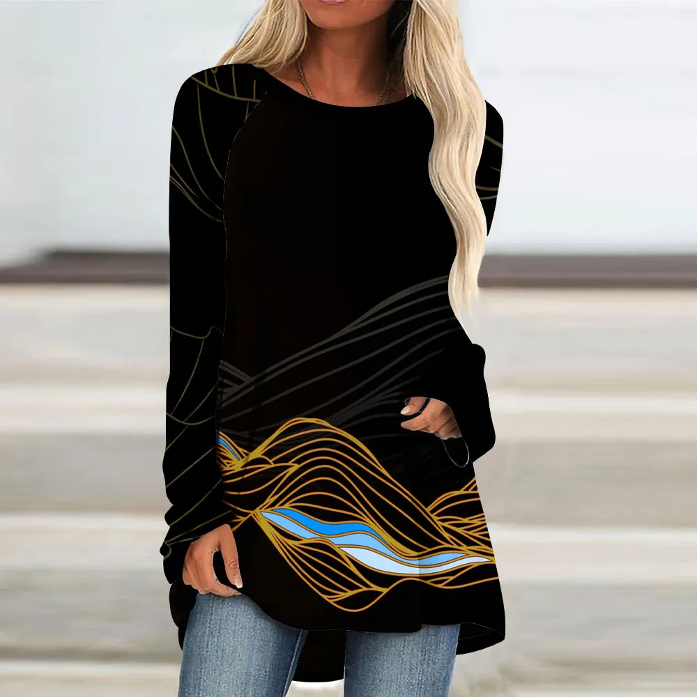 Women's Long Sleeve Round Neck Basic Essential T-Shirt Tee - Abstract ...