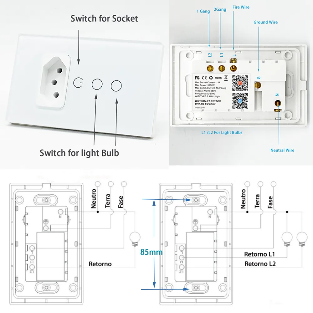 Smart Glass Panel Touch Wall Light Switch, Brazil Outlet Tomada Plug ...