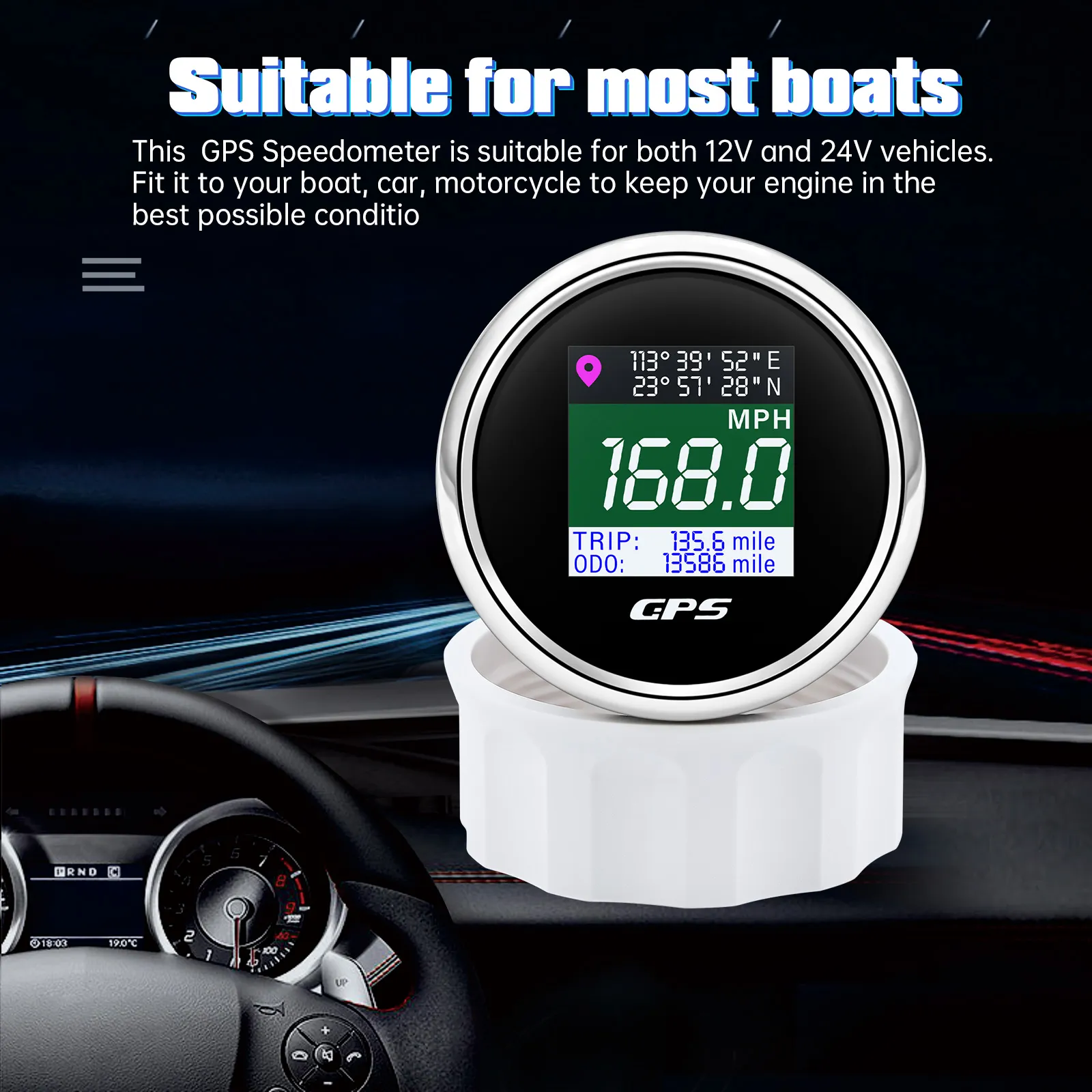 Waterproof Digital GPS Speedometer Gauge - 52mm TFT LCD Display, Km/h ...