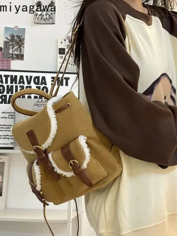 Korean Wool Retro Small Sherpa Backpack Fashionable Suede With Multi ...