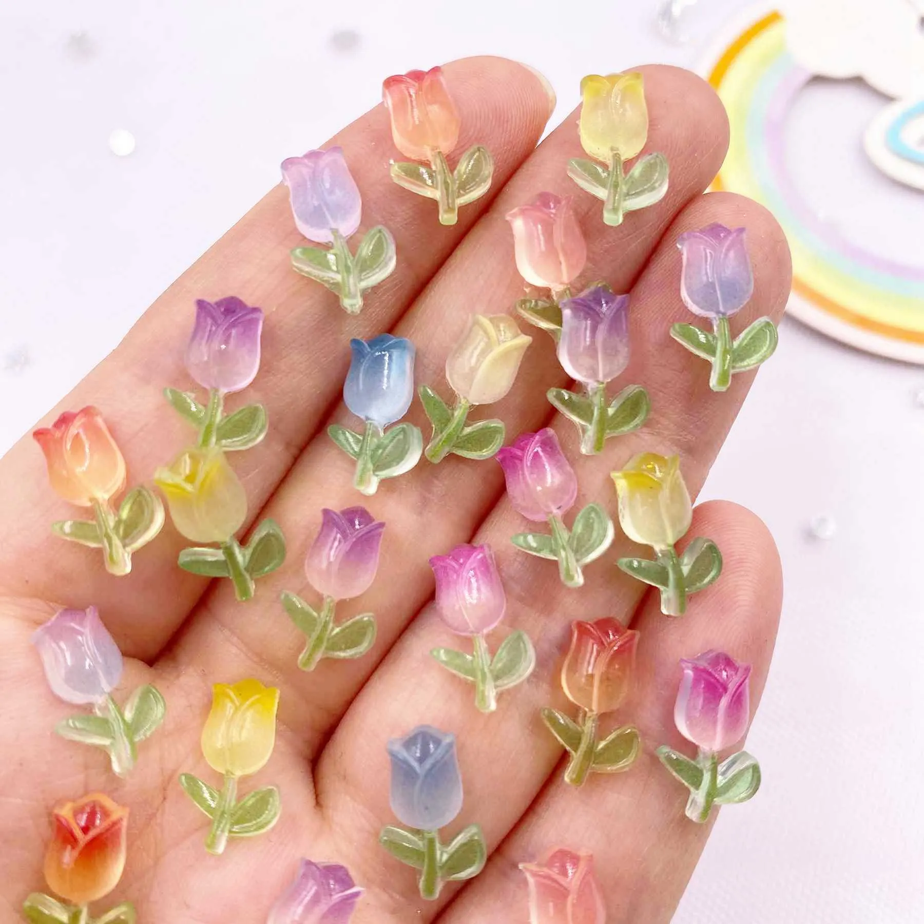 Resin Kawaii Mini Colorful Tulip Flatback Flower Rhinestone Applique ...
