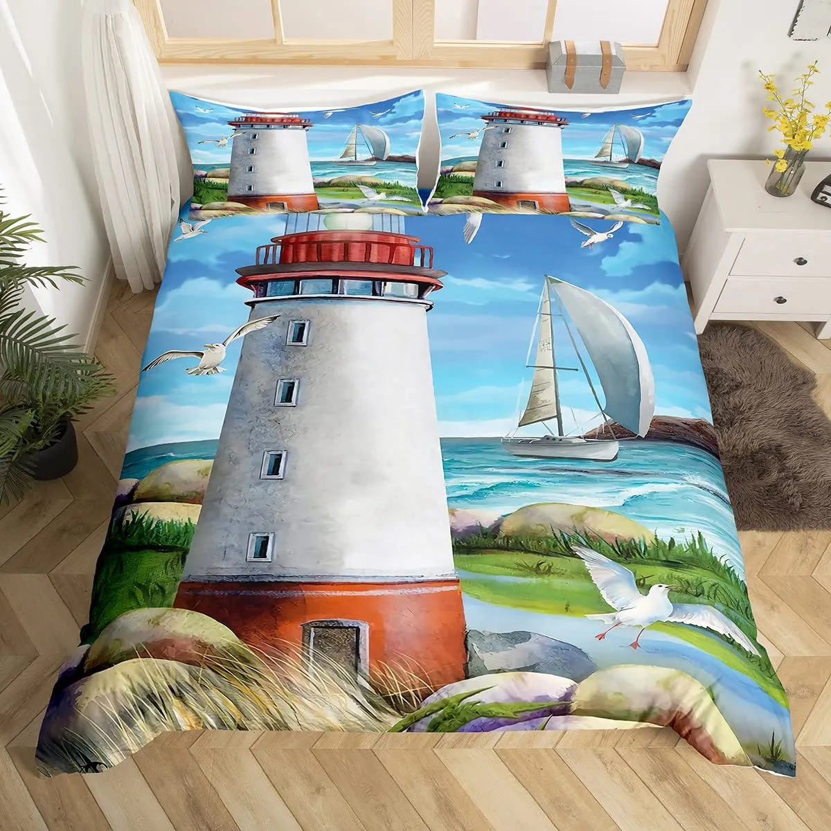 Vintage Anchor Duvet Cover Set - Ocean Wave Comforter Cover - Coastal ...