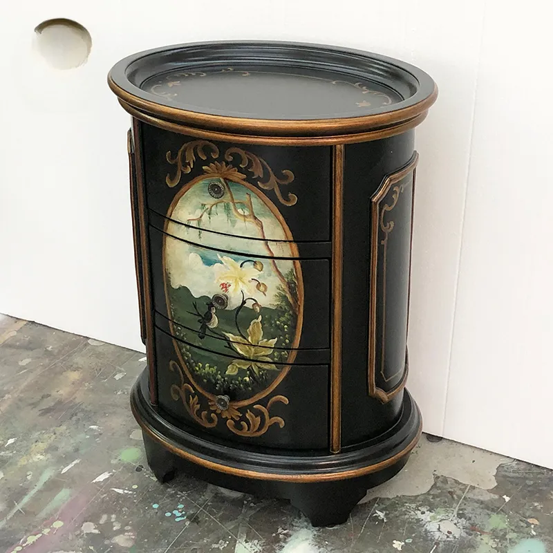 Small Style Wood Bedside Table Retro Painting Oval Corner Bedside ...
