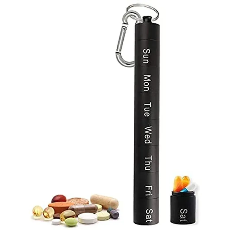 Metal Pill Organizer 7 Day Weekly Pill Container With Keychain ...