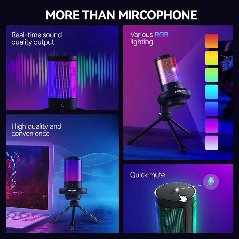 AUSDOM ME6S USB Desktop Condenser Microphone for Podcast Streaming, RGB ...