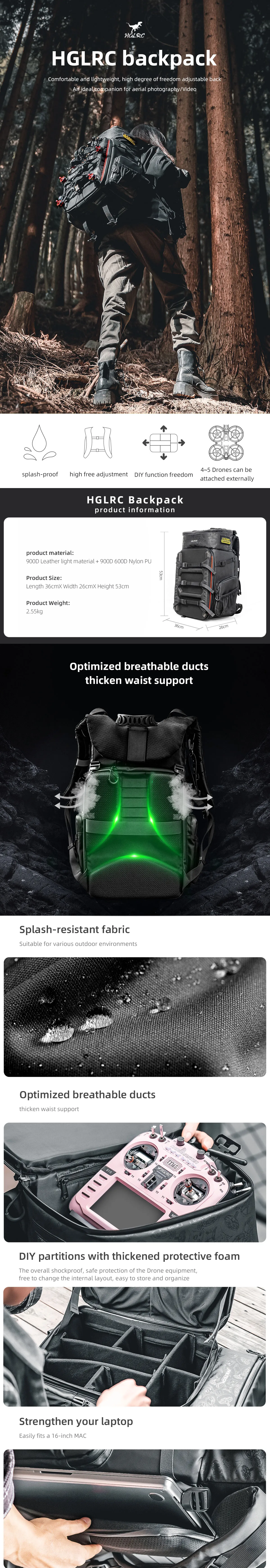 HGLRC FPV Backpack 360X260X530mm Waterproof Splash Proof Fabric For RC ...