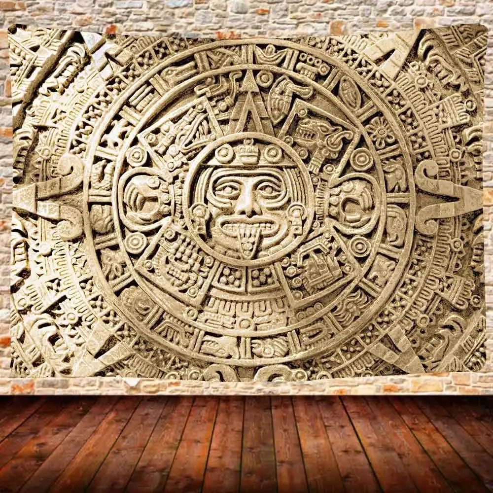 Aztec Calendar Tapestry: Black and White Vintage Mayan Sign, Ancient ...
