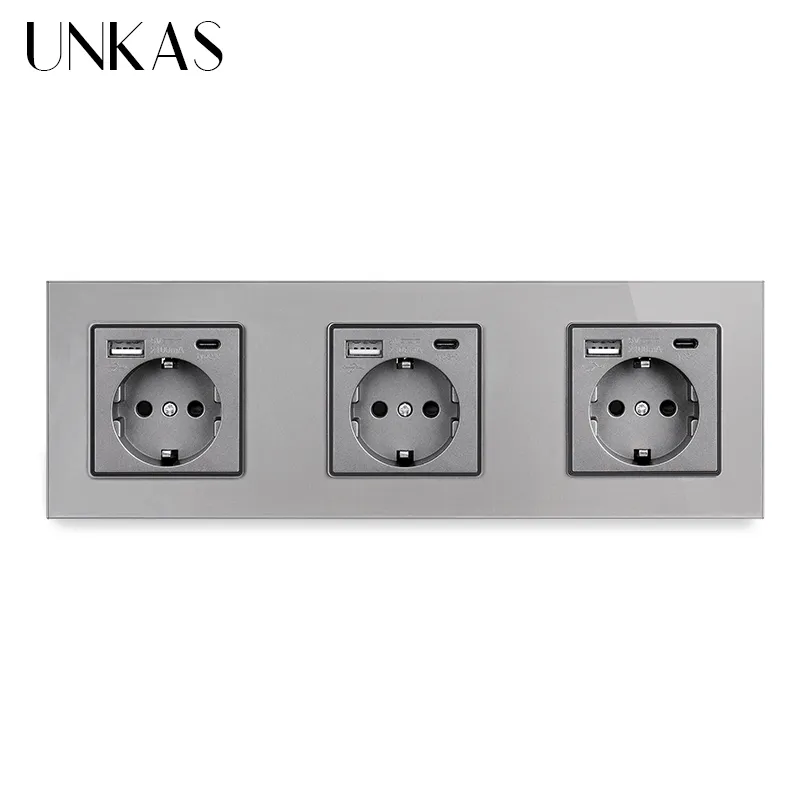 UNKAS Type-C EU Socket, Grey Tempered Glass Panel with 16A USB Port & Gold Outlet, Compatible ...