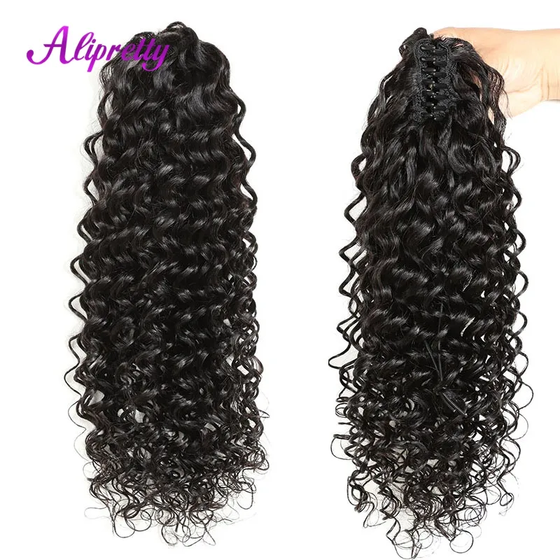 Alipretty Deep Wave Ponytail Hair Curly Extensions Natural Black ...