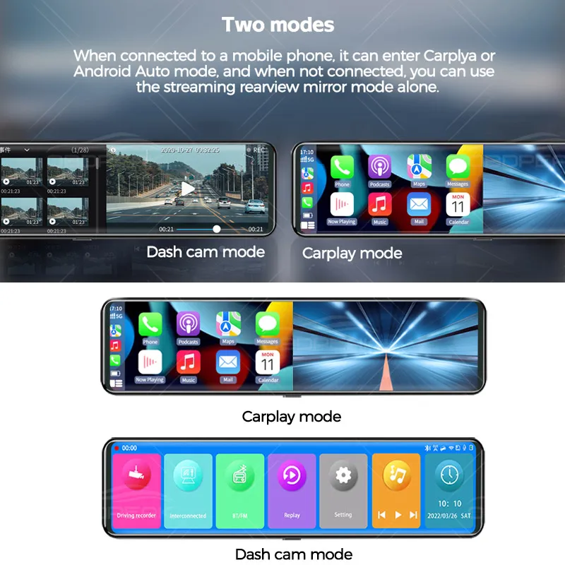 K1 Smart Car rearview mirrors Video with 3 Cameras, Carplay & Android ...