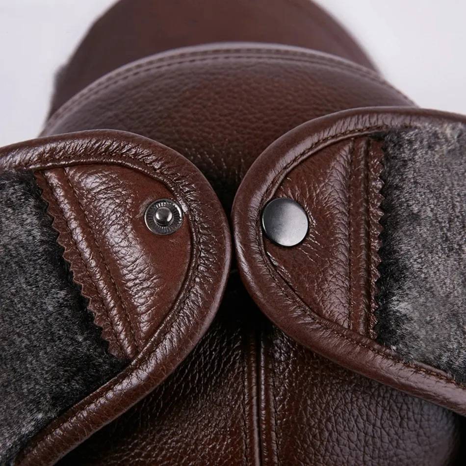 Men's Genuine Cow Leather Ushanka Cap: Warm Winter Bomber Hat with Ear ...
