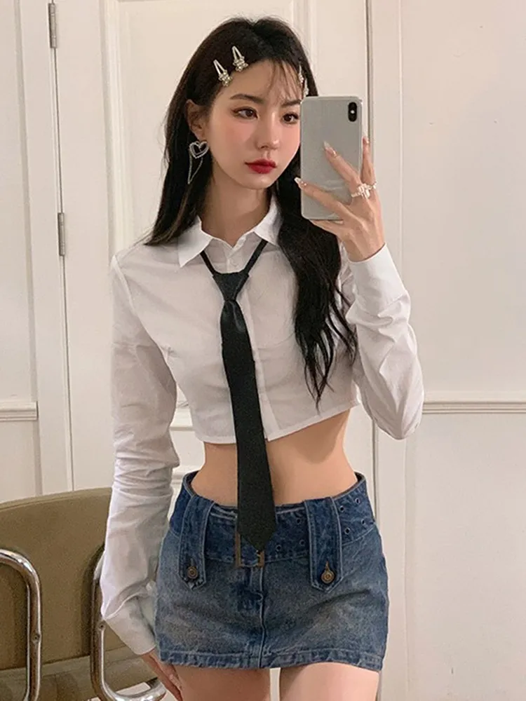 Y2K Aesthetic Tunic Crop Top, White Long Sleeve Blouse for Women, Turn ...