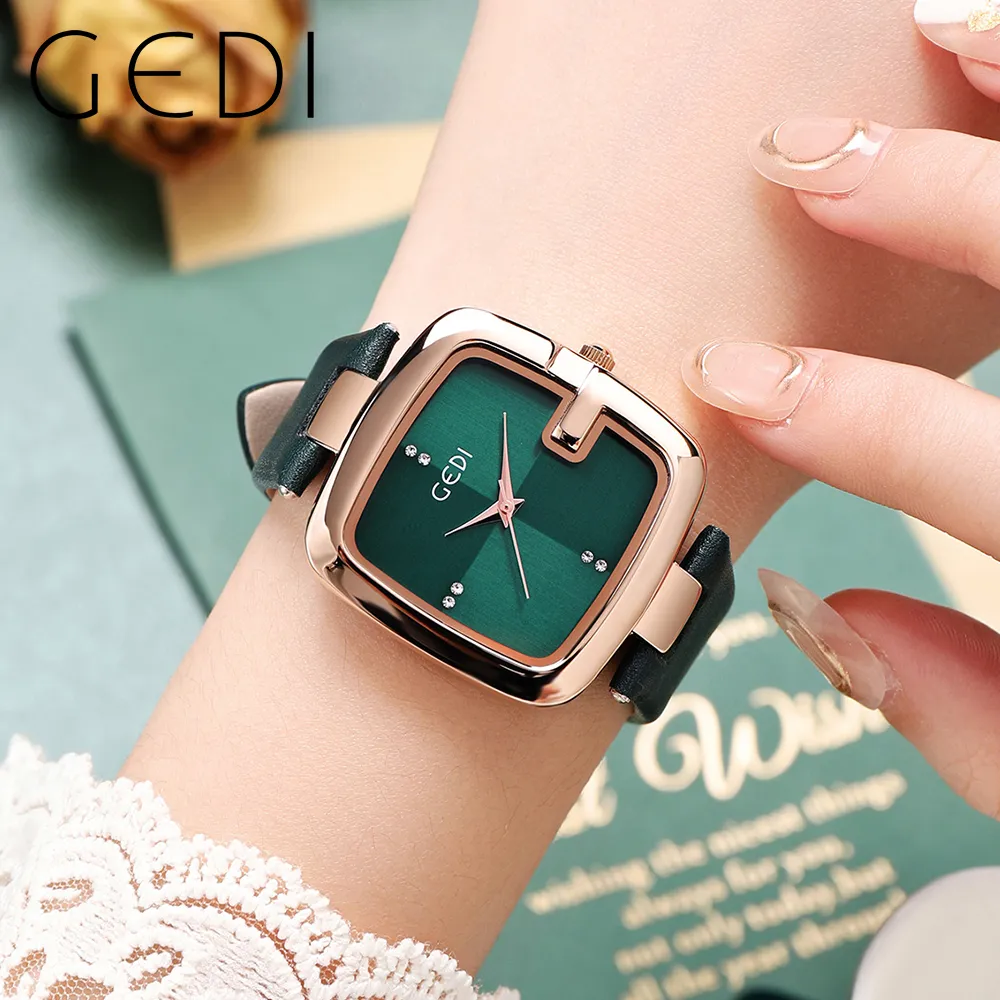 Fashin Gedi Women Square Dial Quartz Watch with Brown Leather Strap ...