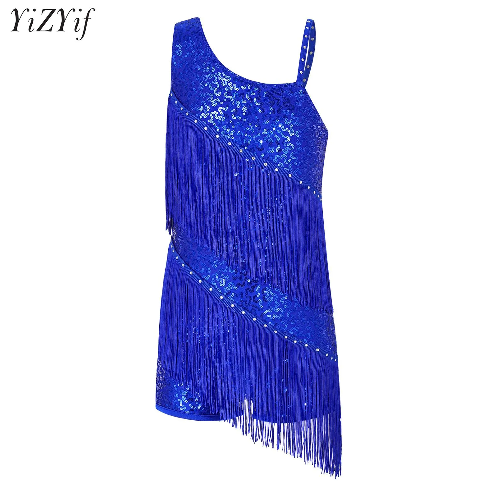 Kids Girls' Sequins One-Shoulder Tassels Latin Dance Unitard Sparkling ...