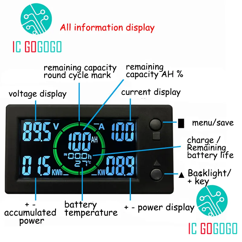 LCD Screen Hall meter coulomb Counter with Voltage, Current, Power ...