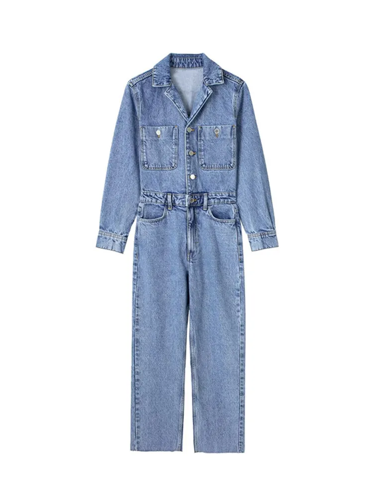 Women's Denim Jumpsuits: Long Sleeve Jeans Overalls, Elegant Turn Down ...