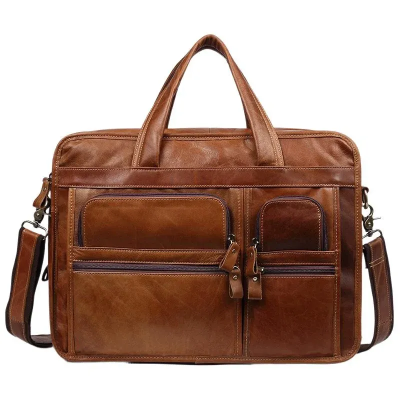 Premium Leather Mens Laptop Briefcase: Large Capacity Travel Handbag ...