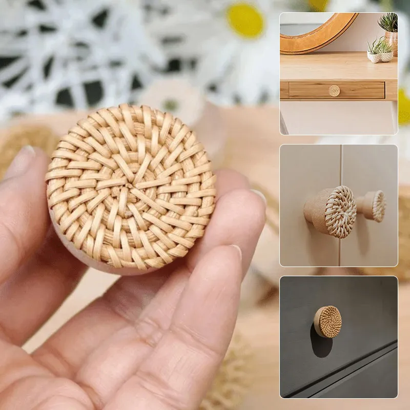 Round Wooden Woven Rattan Cabinet Wood Drawer Pulls For Furniture Ideal ...