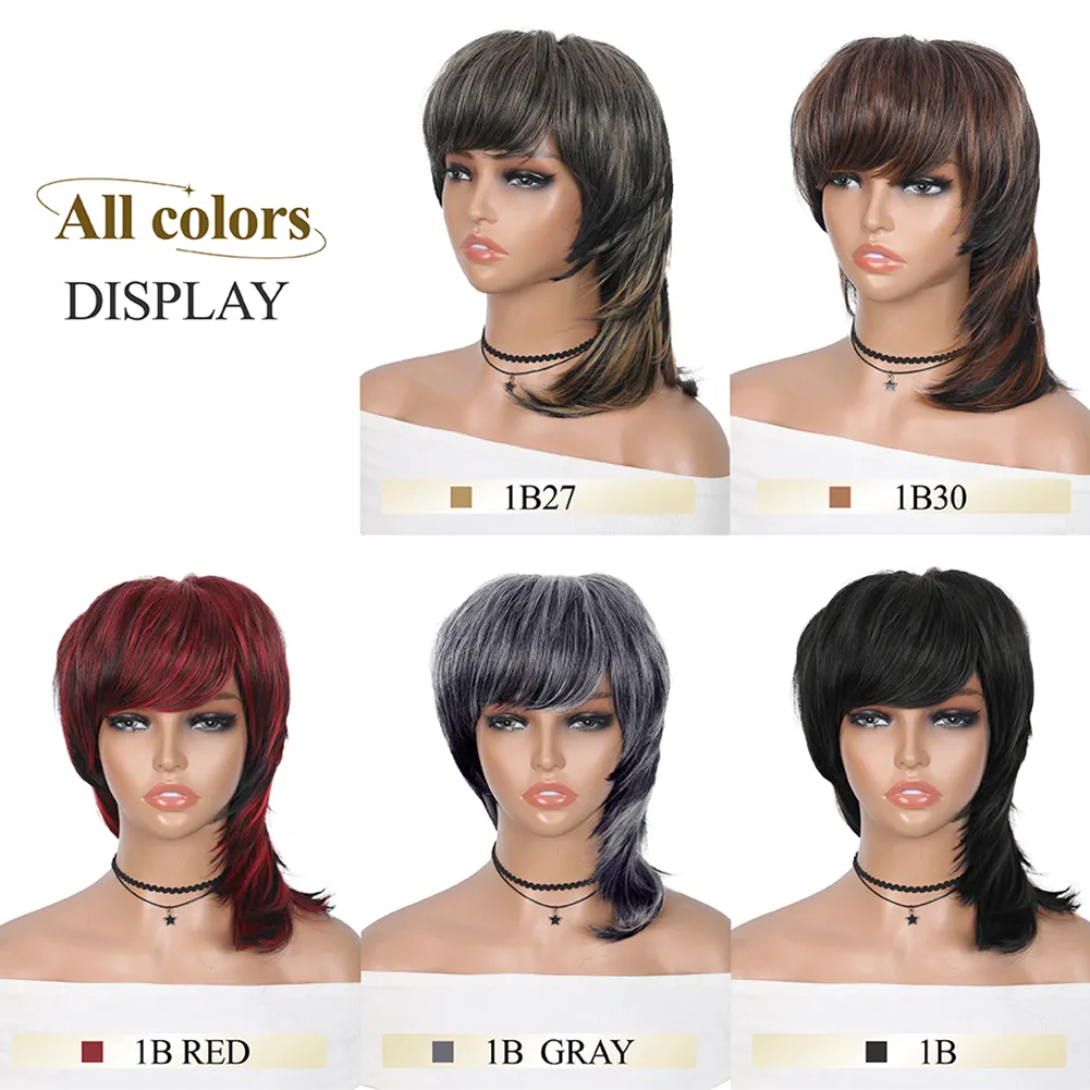 Natural Black Wolfcut Synthetic Mullet Wig With Updo With Bangs Shaggy ...