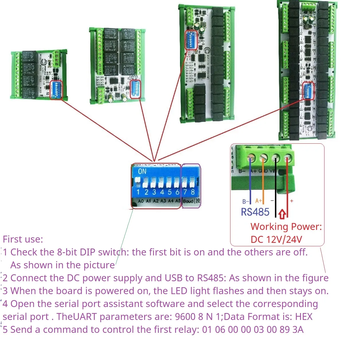 4 32CH 10A 20A DC 12V 24V RS485 Bus Relay Module DIP Setup Parameters ...