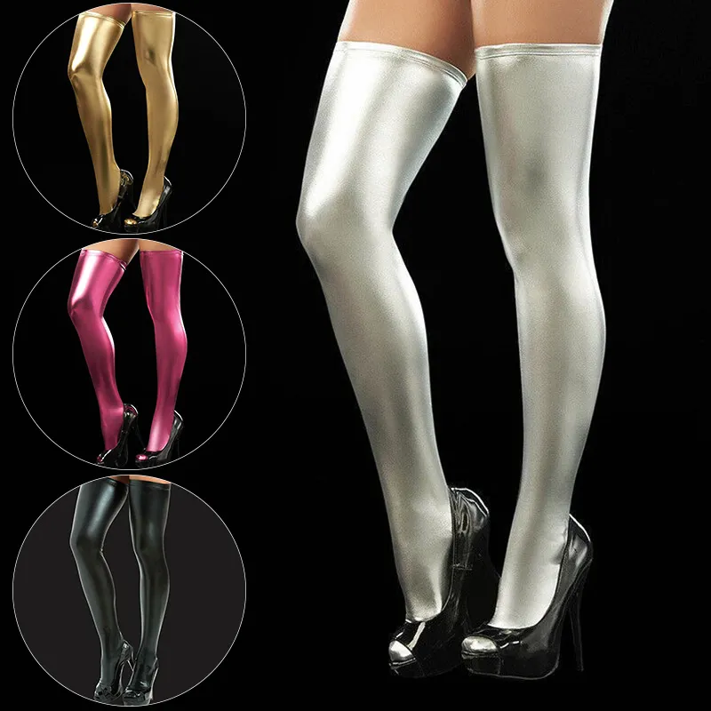 Sexy Oil Shiny Patent Leather Thigh High Stocking Black Silk Stocking Patent Leather Anti Skid ...