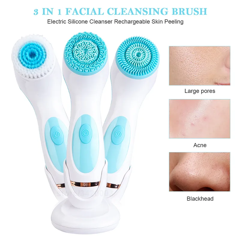Silicone Waterproof Face Cleansing Brush Set - 3 in 1 Electric Rotating ...