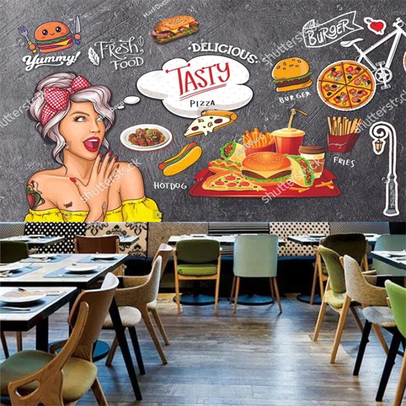 Fast-food Restaurant Background Wallpaper with Hamburger Pizza Mural ...