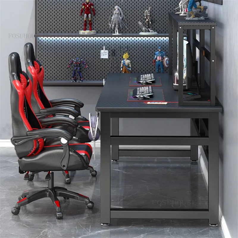 Modern Double PC Gaming Table with Bookshelf, Computer Desk for Home ...